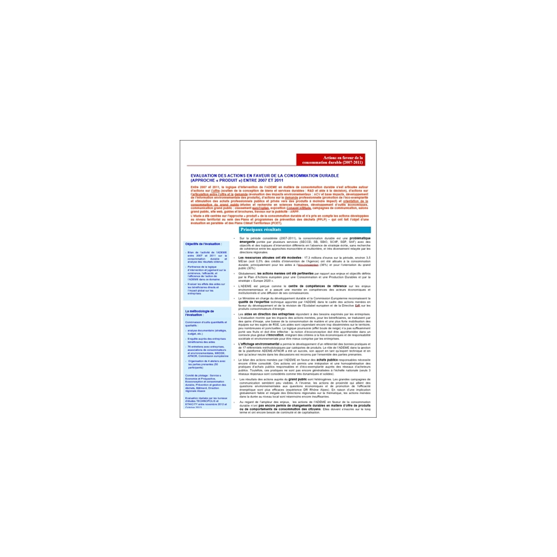 La librairie ADEME - Etude d'évaluation des actions de l'ADEME en faveur de la consommation ...